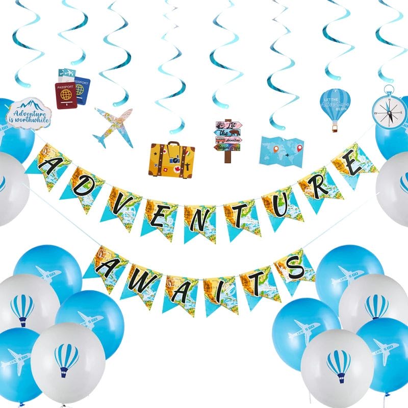 Travel Themed Party Decorations Adventure Awaits Banner Hanging Swirls ...