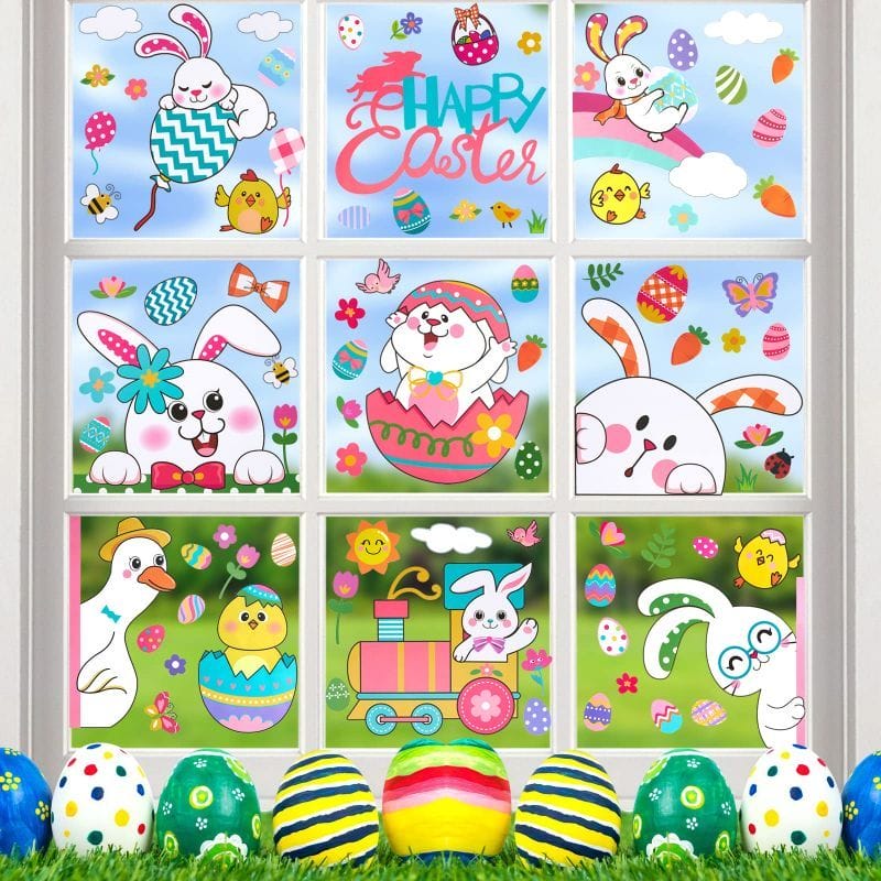 SUNBEAUTY Easter decorations Stickers removable rabbit eggs rabbit wall ...