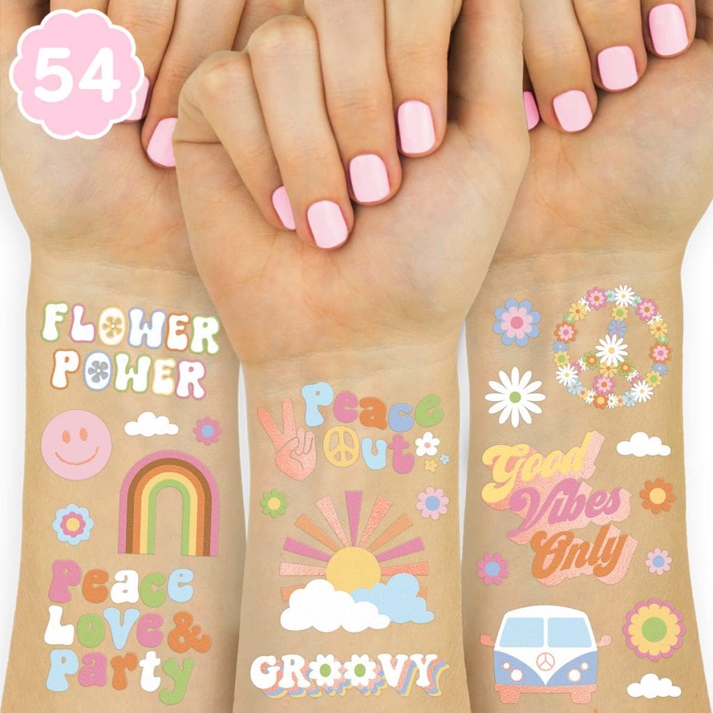 Groovy 70s Temporary Tattoos for Kids Hippie Tattoo Stickers - SUNBEAUTY